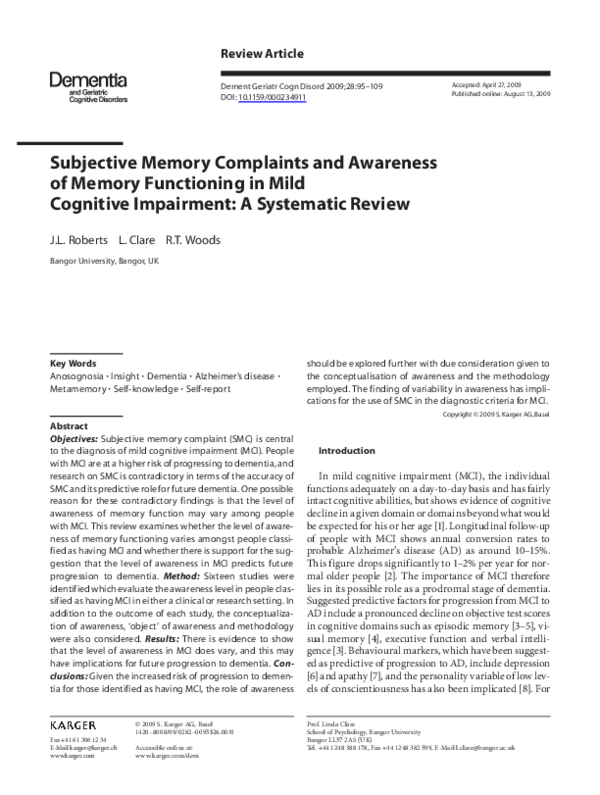 (PDF) Subjective Memory Complaints and Awareness of Memory Functioning ...
