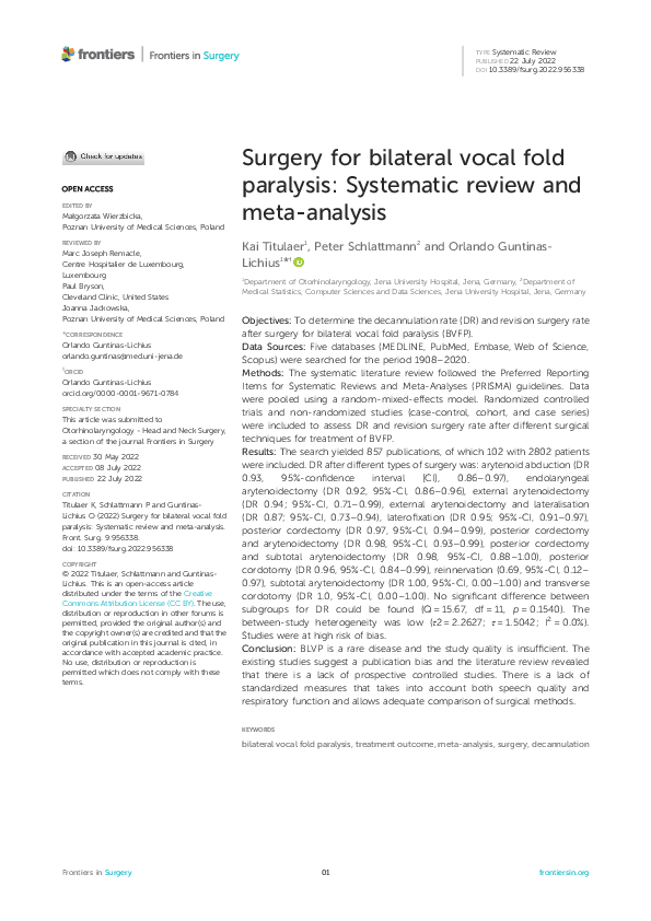 (PDF) Surgery Outcomes for Bilateral Vocal Fold Paralysis