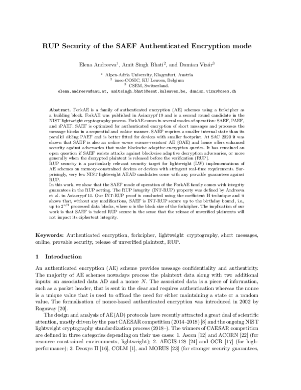 (PDF) RUP Security of the SAEF Authenticated Encryption mode