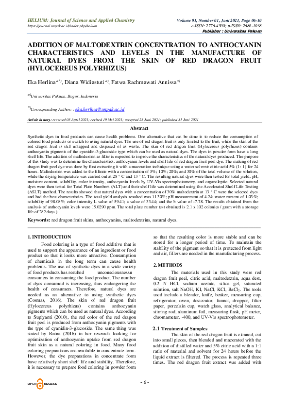 (PDF) Addition of Maltodextrin Concentration to Anthocyanin Characteristics and Levels in the ...