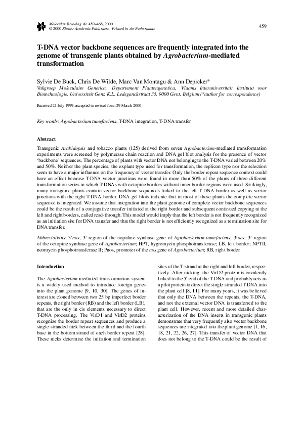 T-DNA vector backbone sequences are frequently integrated into the ...