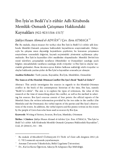 (PDF) The Sources of the Memluk-Ottoman Conflict Ibn Iyas’s Book “Bada ...