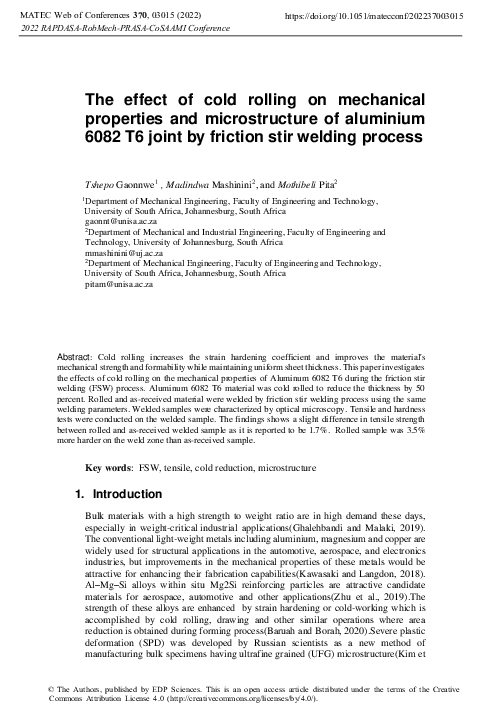 (PDF) The effect of cold rolling on mechanical properties and microstructure of aluminium 6082 ...