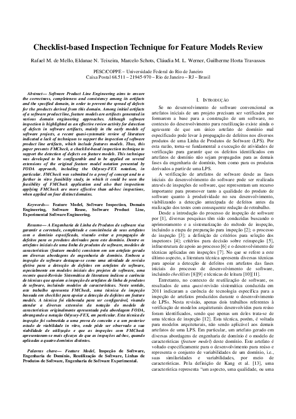 Pdf Checklist Based Inspection Technique For Feature Models Review