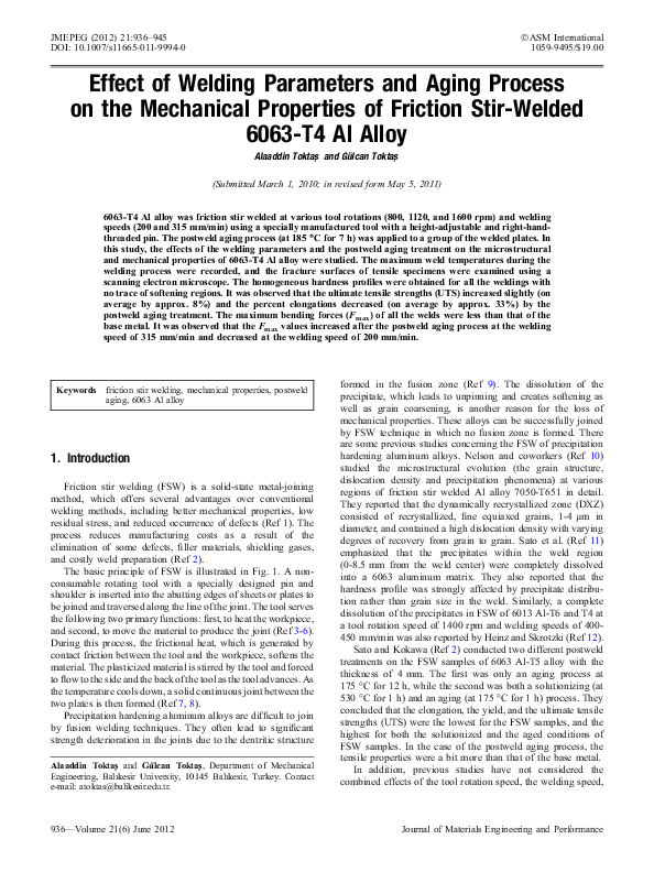(PDF) Effect of Welding Parameters and Aging Process on the Mechanical Properties of Friction ...