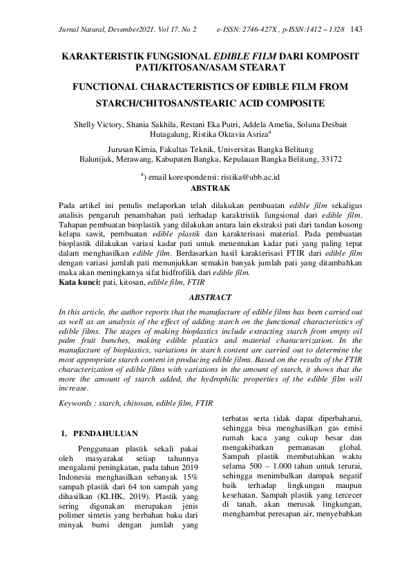 (PDF) The KARAKTERISTIK FUNGSIONAL EDIBLE FILM DARI KOMPOSIT PATI/KITOSAN/ASAM STEARAT