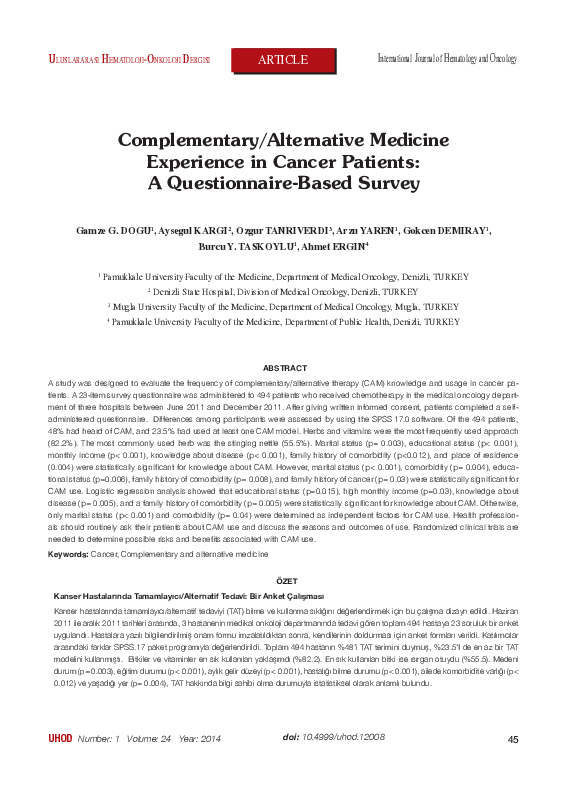 (PDF) Complementary/Alternative Medicine Experience in Cancer Patients: A Questionnaire-Based Survey