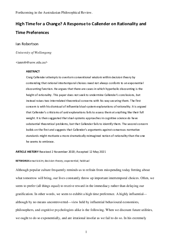 (PDF) High Time for a Change? A Response to Callender on Rationality ...