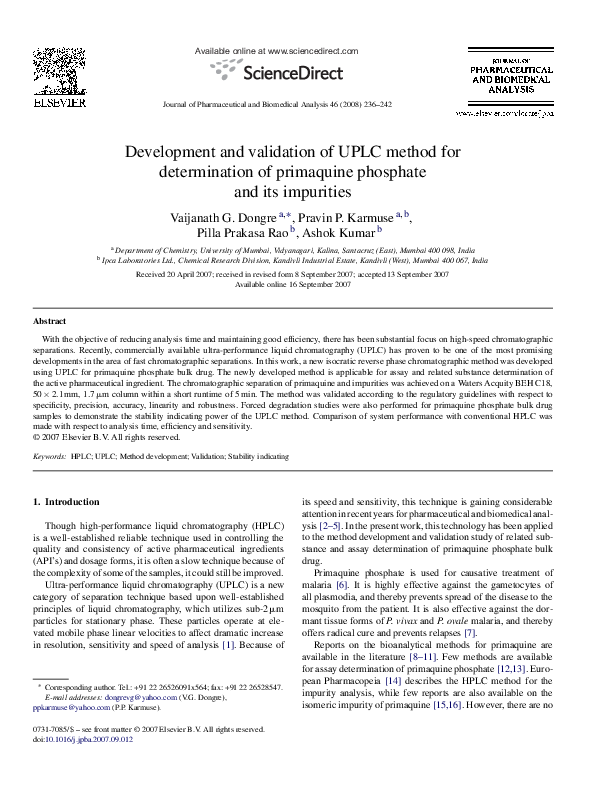 (PDF) Development and validation of UPLC method for determination of primaquine phosphate and ...