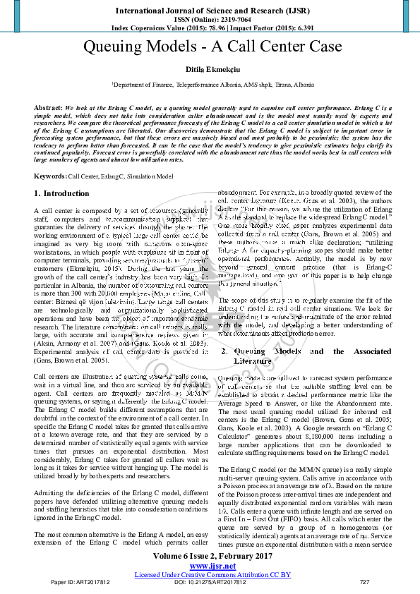 (PDF) Queuing Models-A Call Center Case