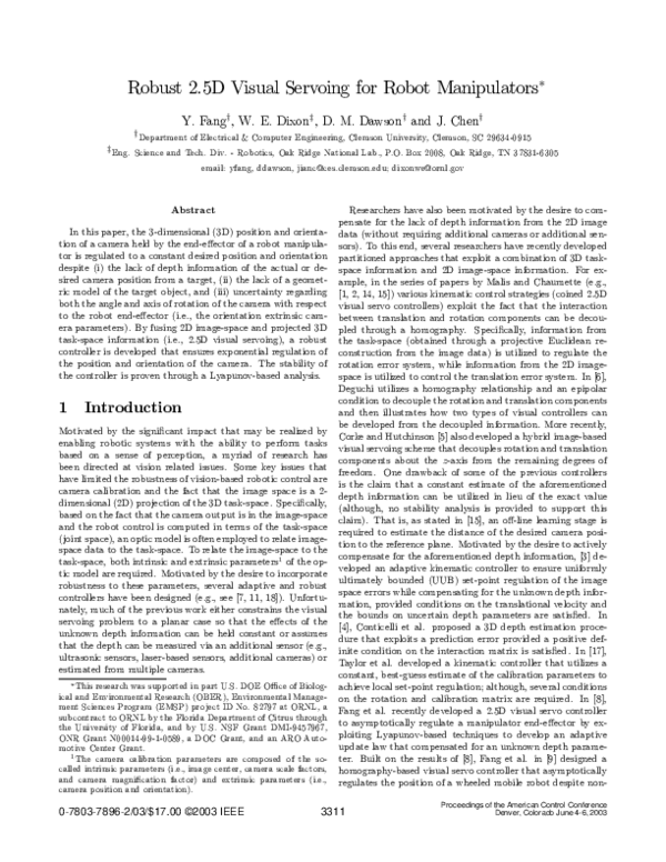 Pdf Robust 25d Visual Servoing For Robot Manipulators 2339