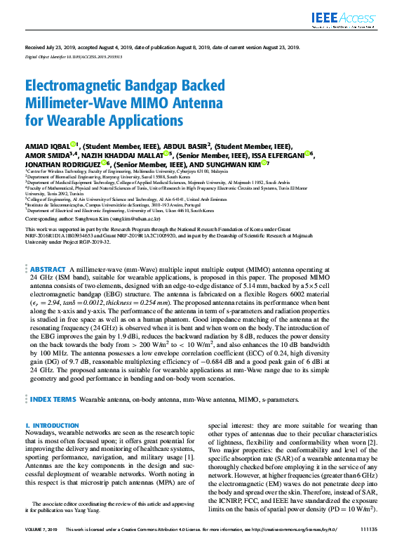 (PDF) Electromagnetic Bandgap Backed Millimeter-Wave MIMO Antenna for Wearable Applications