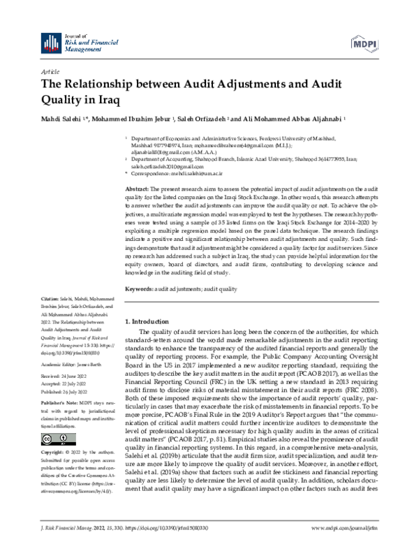 (PDF) The Relationship between Audit Adjustments and Audit Quality in Iraq
