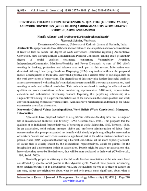 (PDF) IDENTIFYING THE CONNECTION BETWEEN SOCIAL QUALITIES (CULTURAL VALUES) AND WORK CONVICTIONS ...