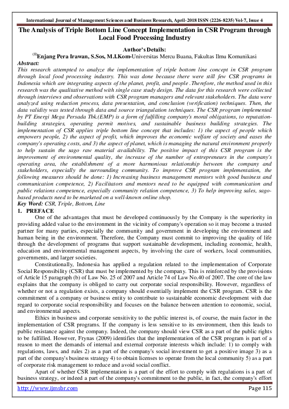 (PDF) The Analysis of Triple Bottom Line Concept Implementation in CSR ...