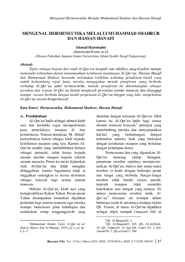 (PDF) Mengenal Hermeneutika Melalui Muhammad Shahrur Dan Hassan Hanafi