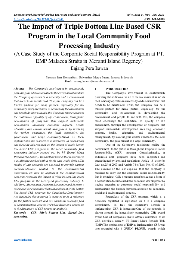 (PDF) The Impact of Triple Bottom Line Based CSR Program in the Local ...
