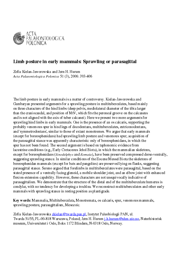 (PDF) Limb posture in early mammals: sprawling or parasagittal | Jørn ...