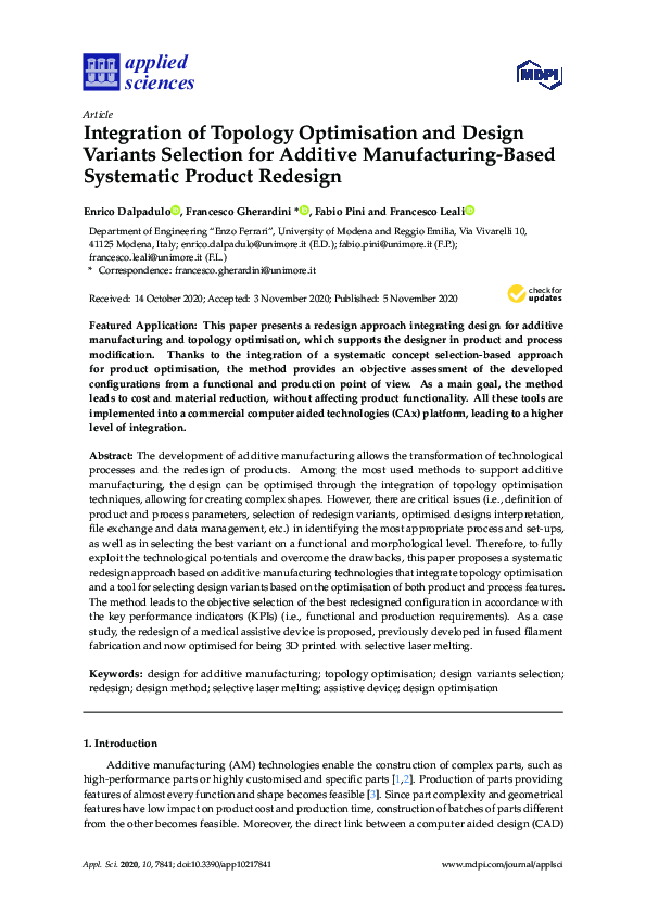 (PDF) Integration of Topology Optimisation and Design Variants Selection for Additive ...