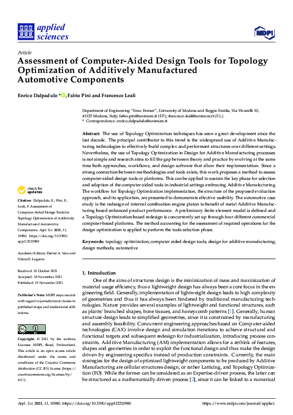 (PDF) Assessment of Computer-Aided Design Tools for Topology Optimization of Additively ...