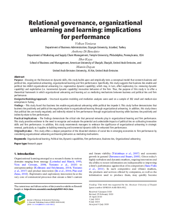 (PDF) Relational governance, organizational unlearning and learning: implications for performance