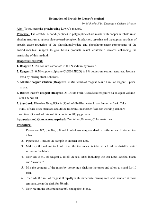 (PDF) Estimation of Protein by Lowry's method