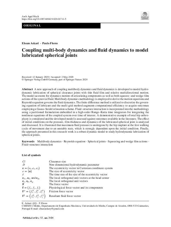 (PDF) Coupling multi-body dynamics and fluid dynamics to model lubricated spherical joints ...