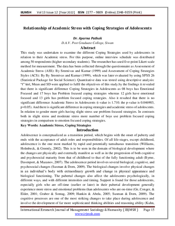 (PDF) Relationship of Academic Stress with Coping Strategies of Adolescents
