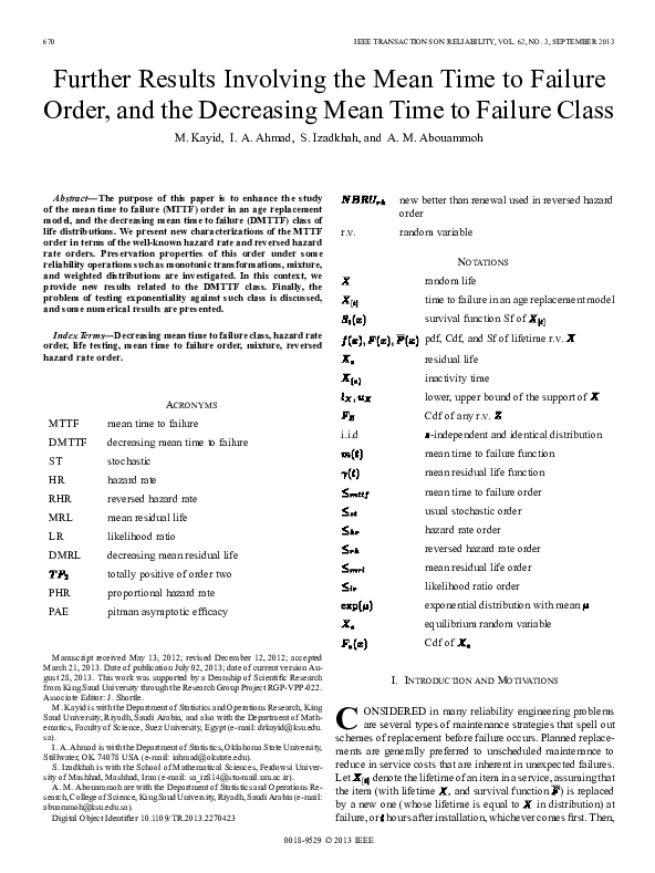 (PDF) Further Results Involving the Mean Time to Failure Order, and the ...