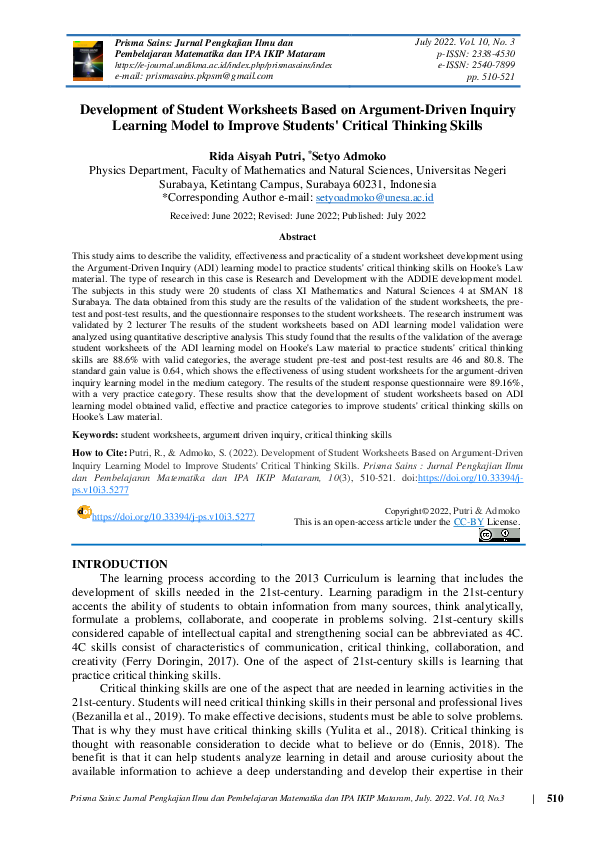 (PDF) Development of Student Worksheets Based on Argument-Driven Inquiry Learning Model to ...