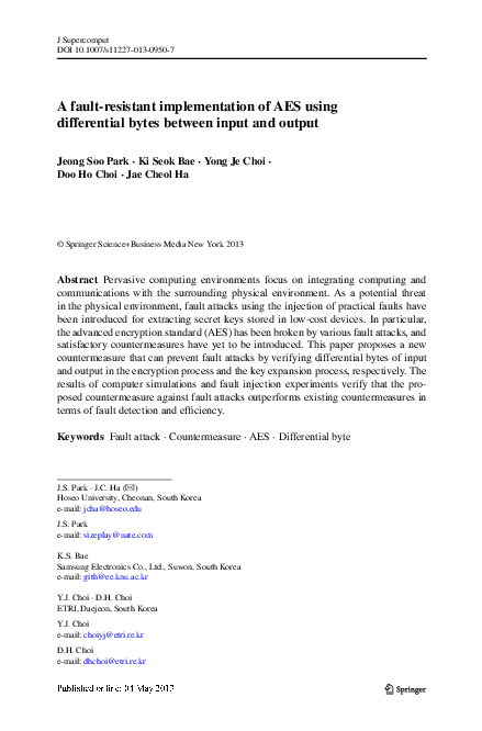 Pdf A Fault Resistant Implementation Of Aes Using Differential Bytes Between Input And Output
