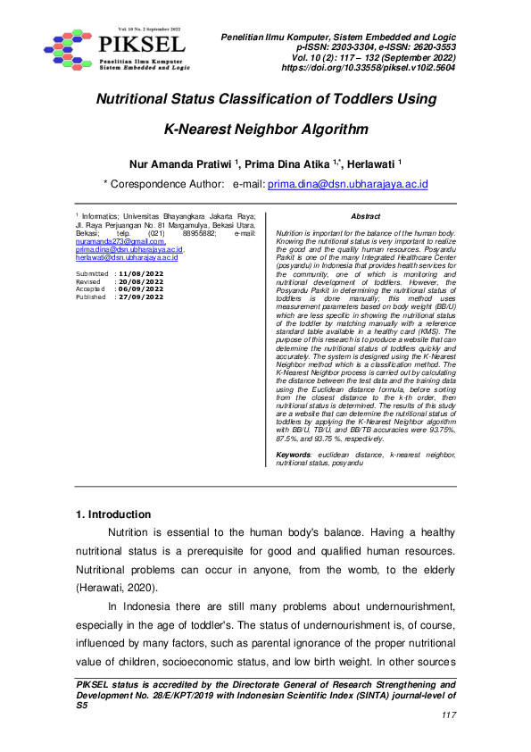 (PDF) Nutritional Status Classification of Toddlers Using K-Nearest Neighbor Algorithm