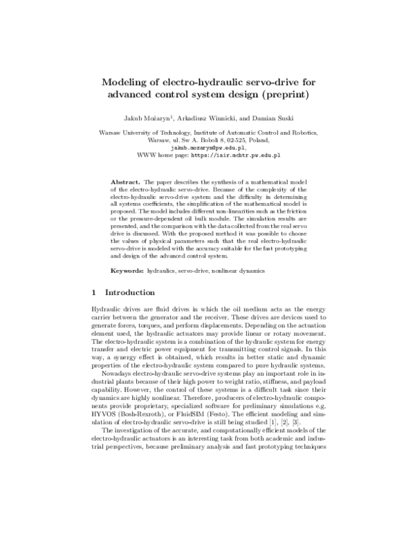 Modeling Of Electro Hydraulic Servo Drive For Advanced Control System Design Preprint 