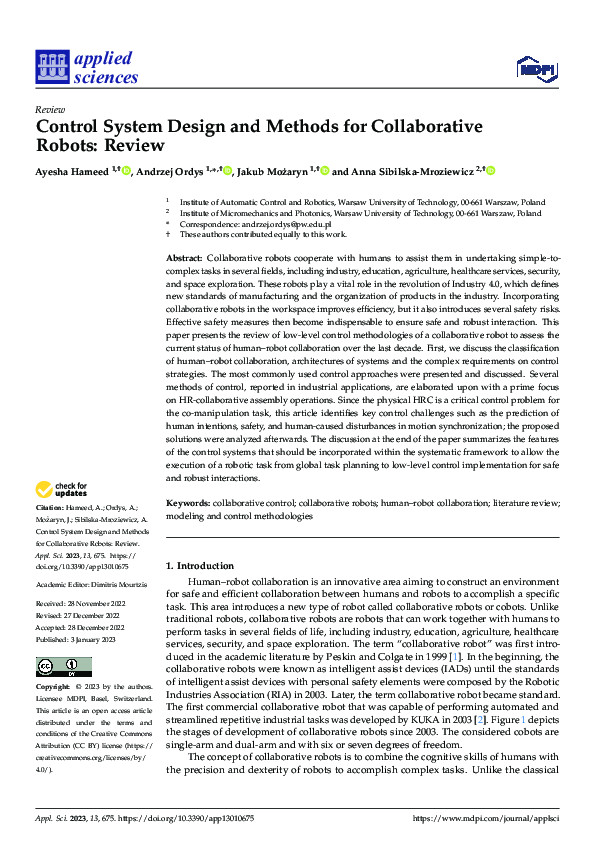 (PDF) Control System Design and Methods for Collaborative Robots: Review