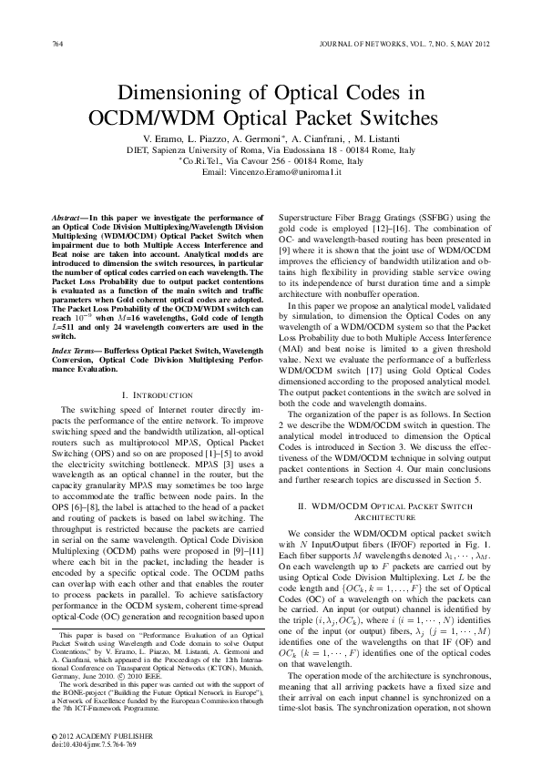 (PDF) Dimensioning of Optical Codes in OCDM/WDM Optical Packet Switches