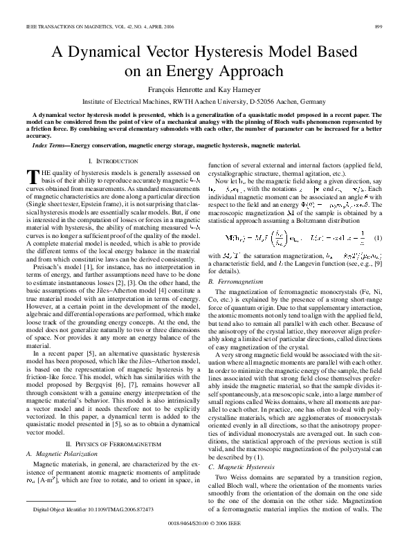 (PDF) A dynamical vector hysteresis model based on an energy approach