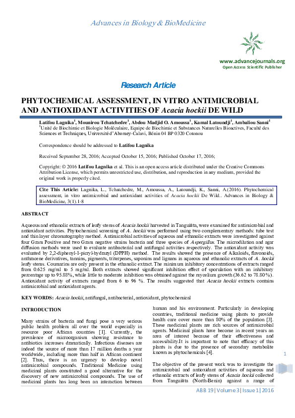 (PDF) Advances in Biology & BioMedicine PHYTOCHEMICAL ASSESSMENT, IN VITRO ANTIMICROBIAL AND ...