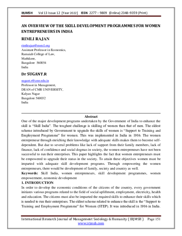 (PDF) AN OVERVIEW OF THE SKILL DEVELOPMENT PROGRAMMES FOR WOMEN ENTREPRENEURS IN INDIA