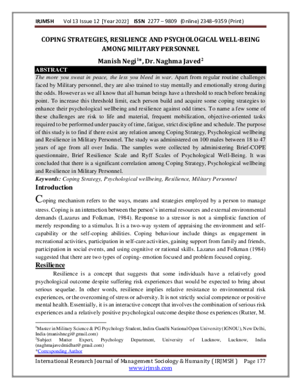 (PDF) COPING STRATEGIES, RESILIENCE AND PSYCHOLOGICAL WELL-BEING AMONG ...