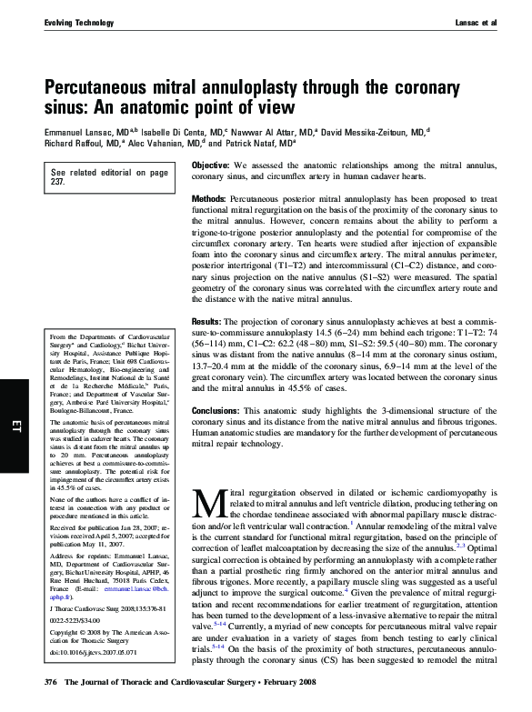 (PDF) Percutaneous mitral annuloplasty through the coronary sinus: An ...