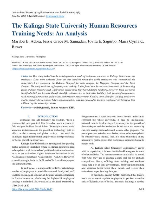 (PDF) The Kalinga State University Human Resources Training Needs: An Analysis