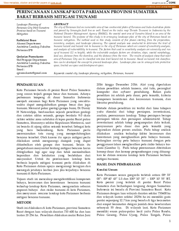 (PDF) Perencanaan Lanskap Kota Pariaman Provinsi Sumatera Barat Berbasis Mitigasi Tsunami