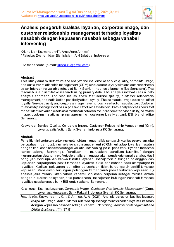 (PDF) Analisis pengaruh kualitas layanan, corporate image, dan customer relationship management ...
