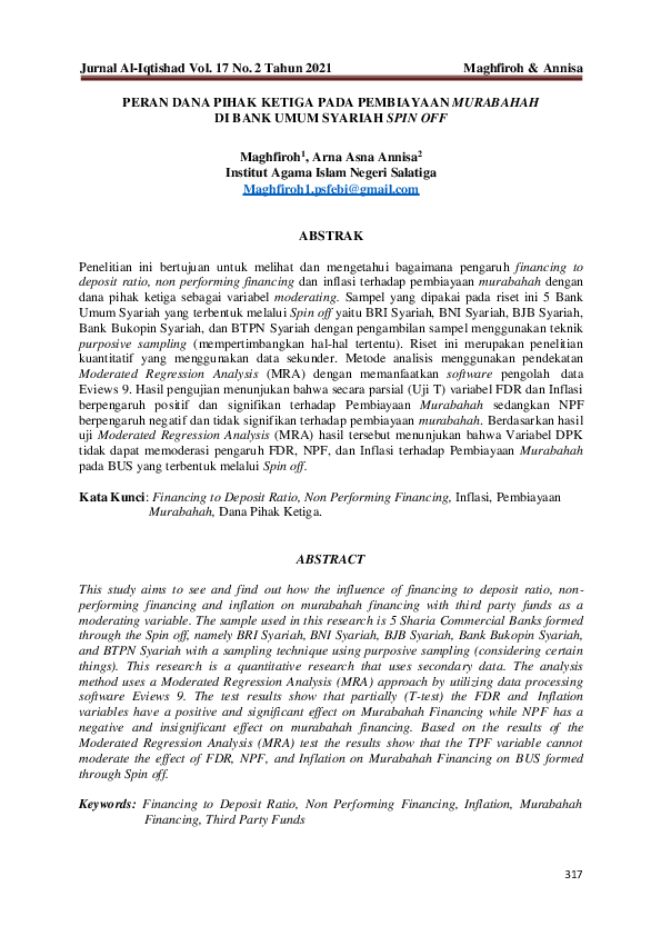 (PDF) Peran Dana Pihak Ketiga Pada Pembiayaan Murabahah DI Bus Spin Off