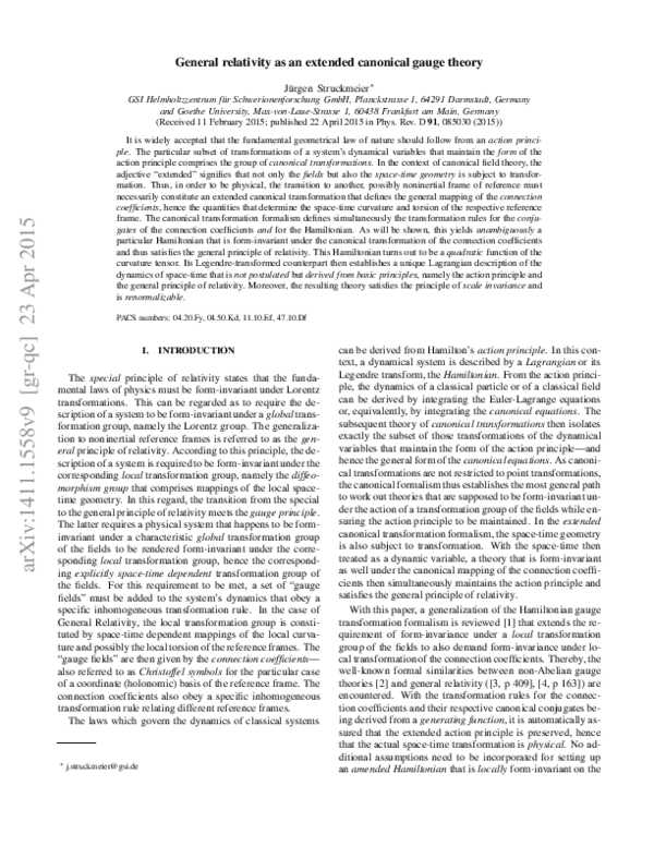 (PDF) General relativity as an extended canonical gauge theory