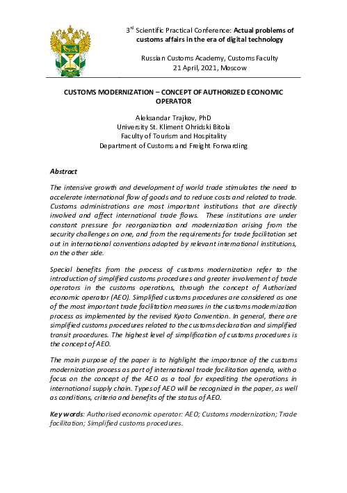 (PDF) Customs Modernization – Concept of Authorized Economic Operator