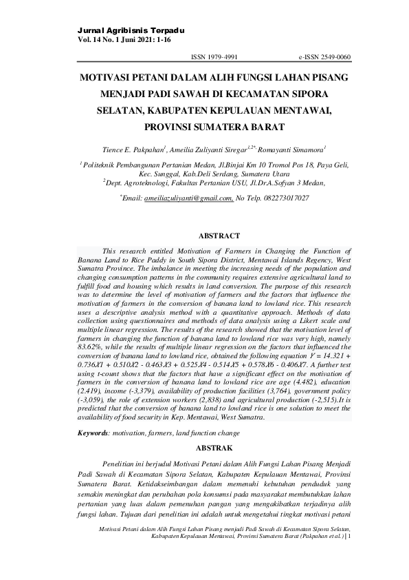 (PDF) Motivasi Petani Dalam Alih Fungsi Lahan Pisang Menjadi Padi Sawah ...