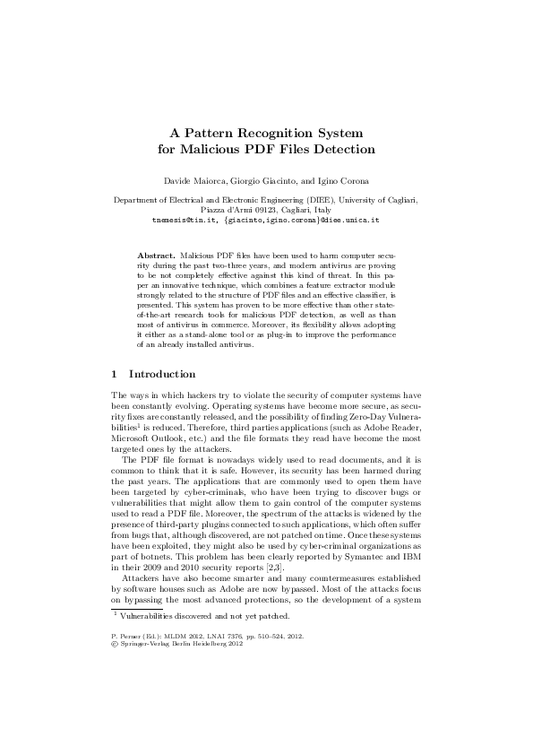 (PDF) A Pattern Recognition System for Malicious PDF Files Detection