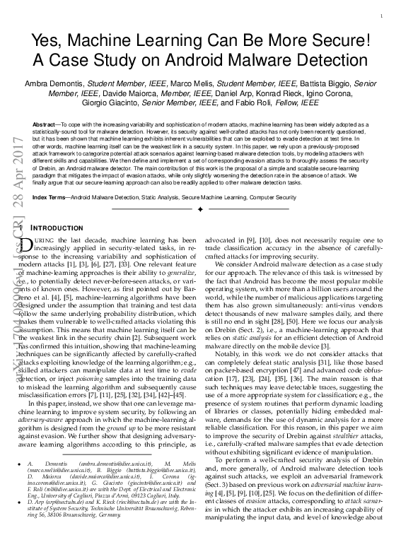 (PDF) Yes, Machine Learning Can Be More Secure! A Case Study on Android Malware Detection