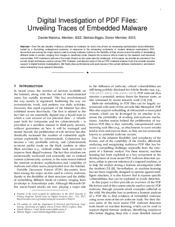 (PDF) Digital Investigation of PDF Files: Unveiling Traces of Embedded Malware